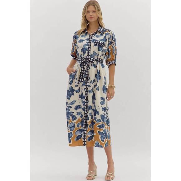 entro | Dresses | New Entro Floral Botanical Midi Dress In Slate Blue ...